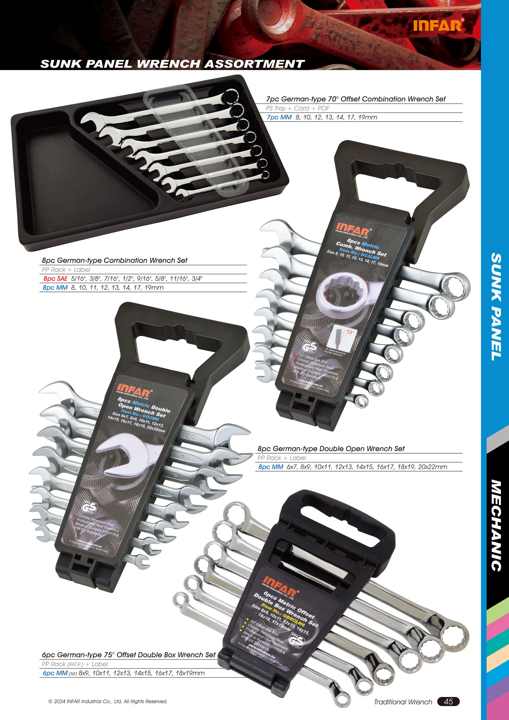 GERMAN-TYPE 75° OFFSET DOUBLE BOX WRENCH SET IN PP RACK 1-8-6-11