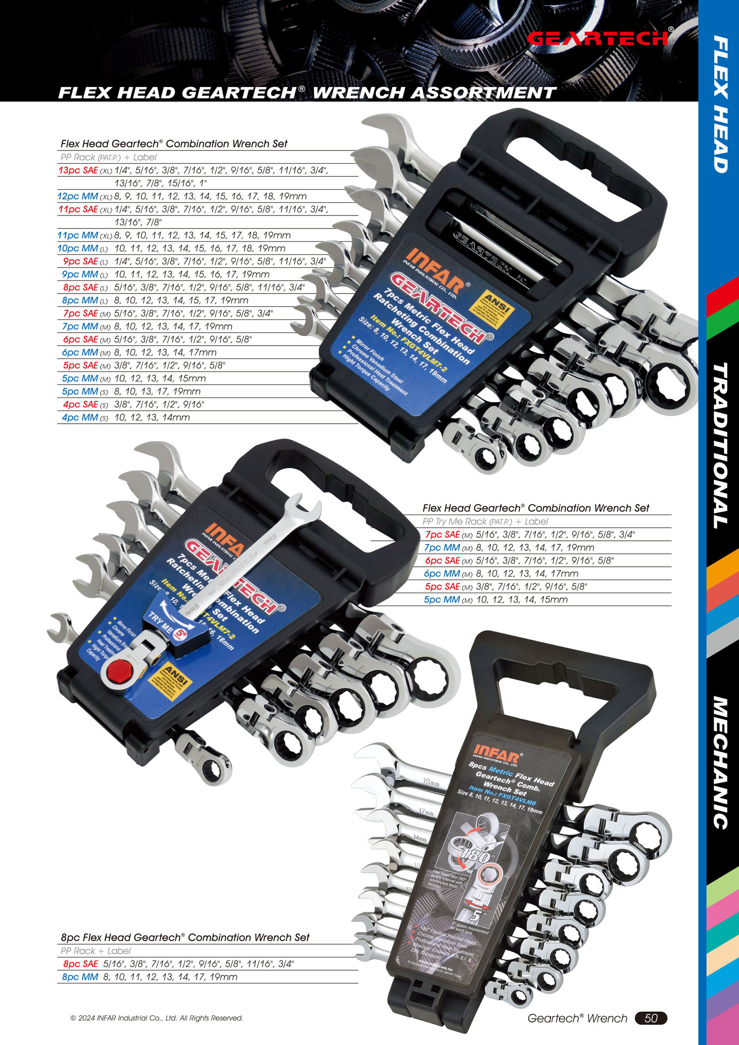 FLEX HEAD GEARTECH® COMBINATION WRENCH SET IN PP RACK 2-3-7-1