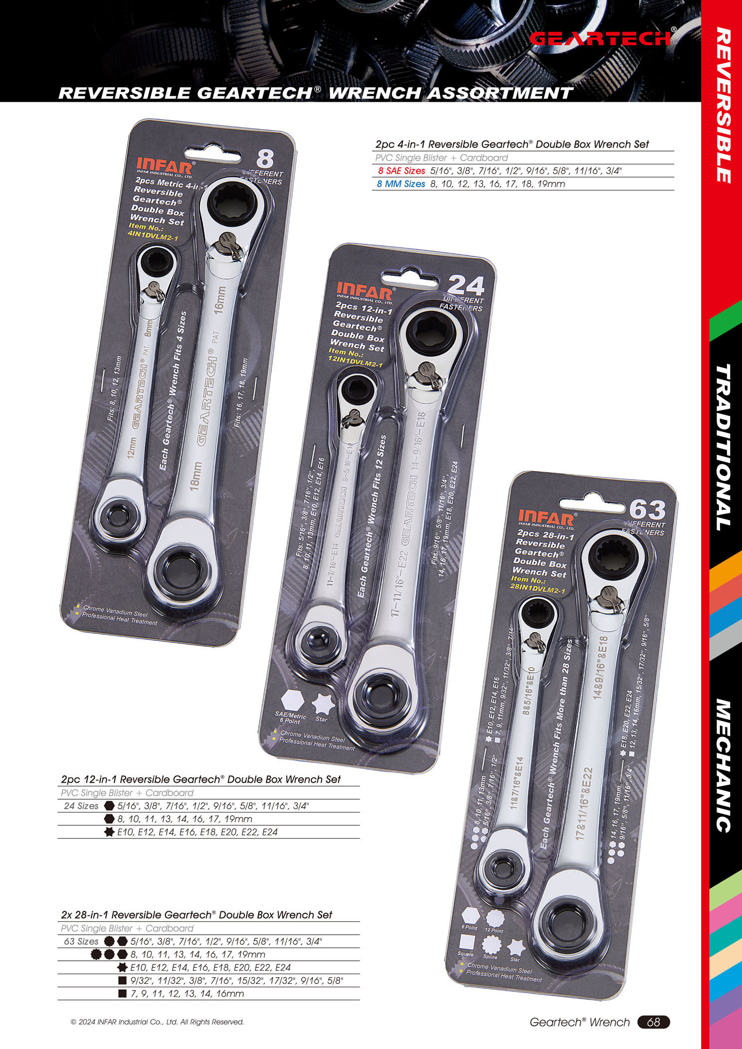 4-IN-1 REVERSIBLE GEARTECH® DOUBLE BOX WRENCH SET IN PVC SINGLE BLISTER ...