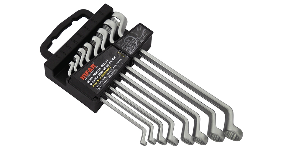 GERMAN-TYPE 75° OFFSET DOUBLE BOX WRENCH SET IN PP HOLDER 1-8-6-3